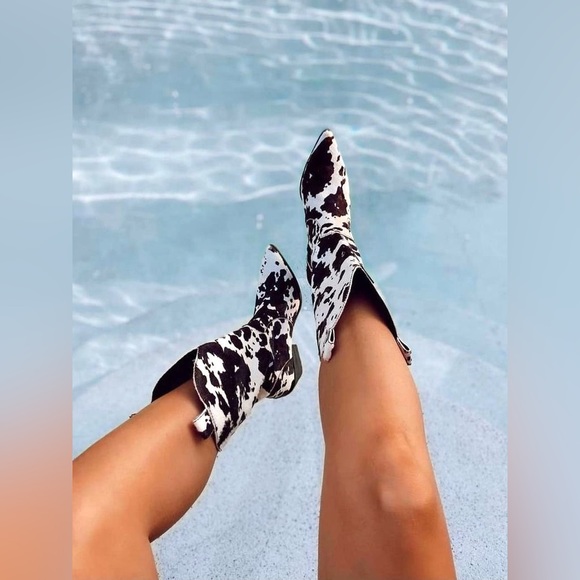 Shoes | Cow Print Mid Calf Western Chunky Blocked Heel Pointed Toe ...